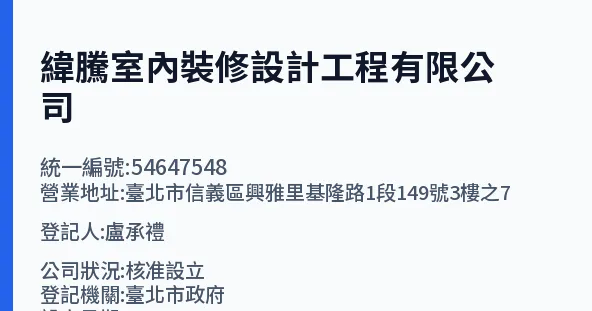 緯騰室內裝修設計工程有限公司的照片-統編 54647548(臺北市) 公司登記資料與營業項目詳細圖表