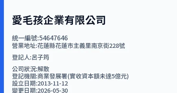愛毛孩企業有限公司的照片-統編 54647646(花蓮縣) 公司登記資料與營業項目詳細圖表