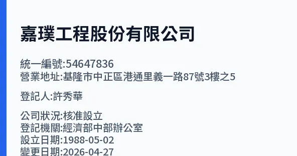 嘉璞工程股份有限公司的照片-統編 54647836(基隆市) 公司登記資料與營業項目詳細圖表