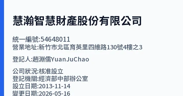慧瀚智慧財產股份有限公司的照片-統編 54648011(新竹市) 公司登記資料與營業項目詳細圖表