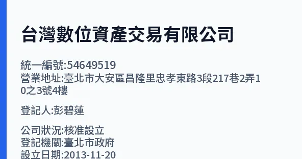 台灣數位資產交易有限公司的照片-統編 54649519(臺北市) 公司登記資料與營業項目詳細圖表
