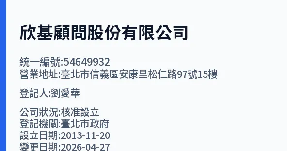 欣基顧問股份有限公司的照片-統編 54649932(臺北市) 公司登記資料與營業項目詳細圖表