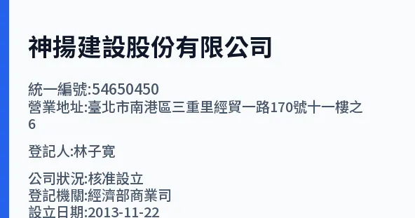 神揚建設股份有限公司的照片-統編 54650450(臺北市) 公司登記資料與營業項目詳細圖表