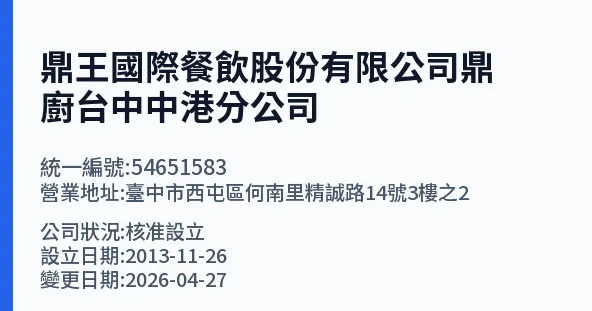 鼎王國際餐飲股份有限公司鼎廚台中中港分公司的照片-統編 54651583(臺中市) 公司登記資料與營業項目詳細圖表