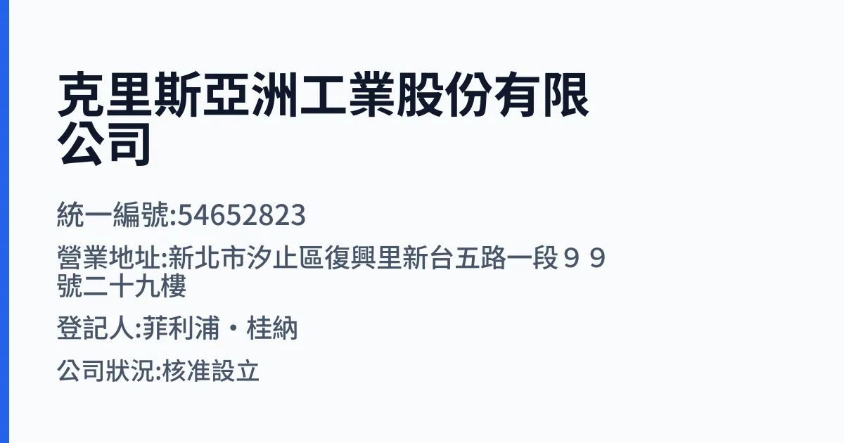 克里斯亞洲工業股份有限公司 - 統編 54652823(新北市) 公司登記資料與營業項目詳細圖表