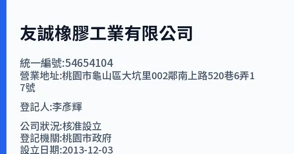 友誠橡膠工業有限公司的照片-統編 54654104(桃園市) 公司登記資料與營業項目詳細圖表