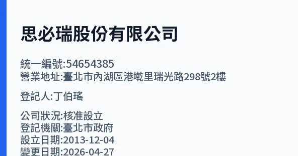 思必瑞股份有限公司的照片-統編 54654385(臺北市) 公司登記資料與營業項目詳細圖表