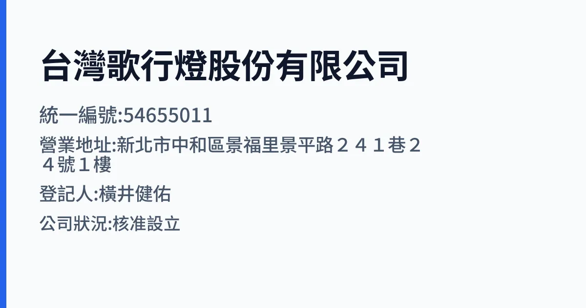 台灣歌行燈股份有限公司 - 統編 54655011(新北市) 公司登記資料與營業項目詳細圖表