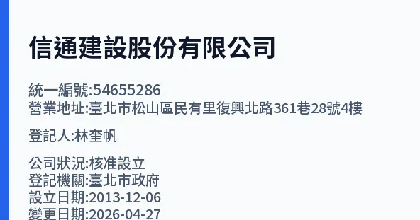 信通建設股份有限公司的照片-統編 54655286(臺北市) 公司登記資料與營業項目詳細圖表