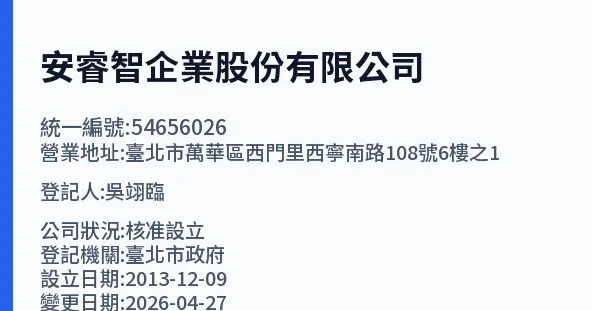 安睿智企業股份有限公司的照片-統編 54656026(臺北市) 公司登記資料與營業項目詳細圖表