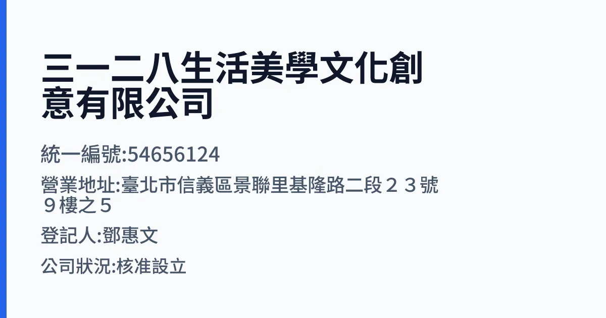 三一二八生活美學文化創意有限公司 - 統編 54656124(臺北市) 公司登記資料與營業項目詳細圖表