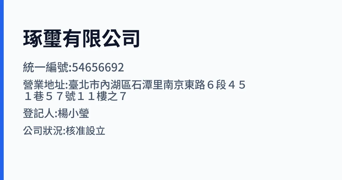 琢璽有限公司 - 統編 54656692(臺北市) 公司登記資料與營業項目詳細圖表