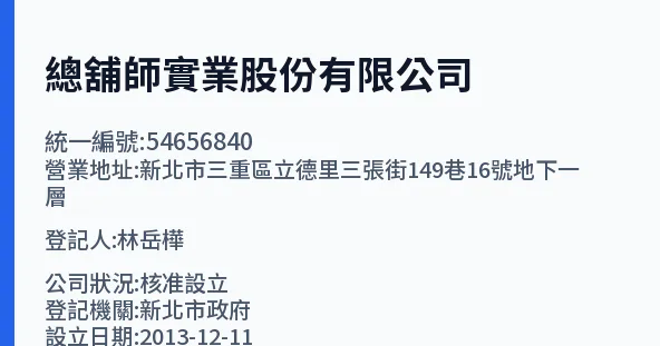 總舖師實業股份有限公司的照片-統編 54656840(新北市) 公司登記資料與營業項目詳細圖表