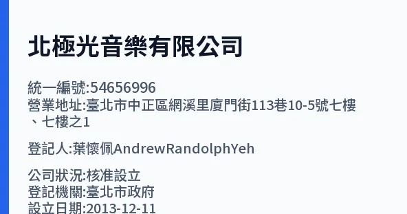 北極光音樂有限公司的照片-統編 54656996(臺北市) 公司登記資料與營業項目詳細圖表