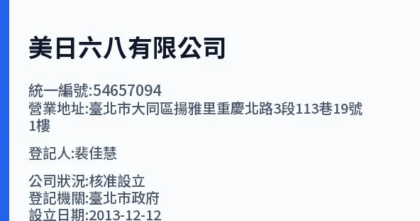 美日六八有限公司的照片-統編 54657094(臺北市) 公司登記資料與營業項目詳細圖表