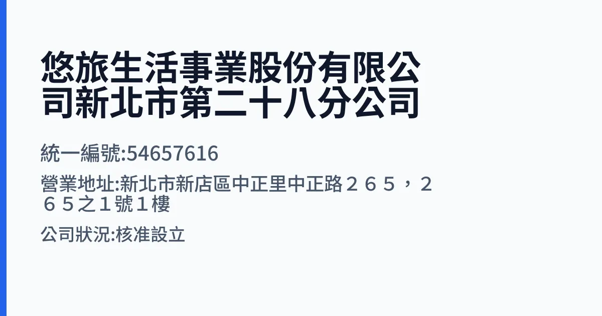 悠旅生活事業股份有限公司新北市第二十八分公司 - 統編 54657616(新北市) 公司登記資料與營業項目詳細圖表