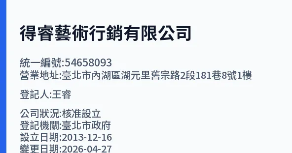 得睿藝術行銷有限公司的照片-統編 54658093(臺北市) 公司登記資料與營業項目詳細圖表
