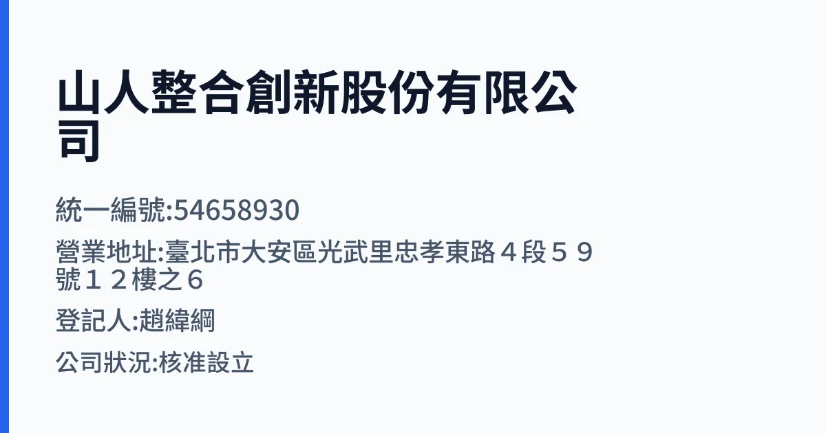 山人整合創新股份有限公司 - 統編 54658930(臺北市) 公司登記資料與營業項目詳細圖表