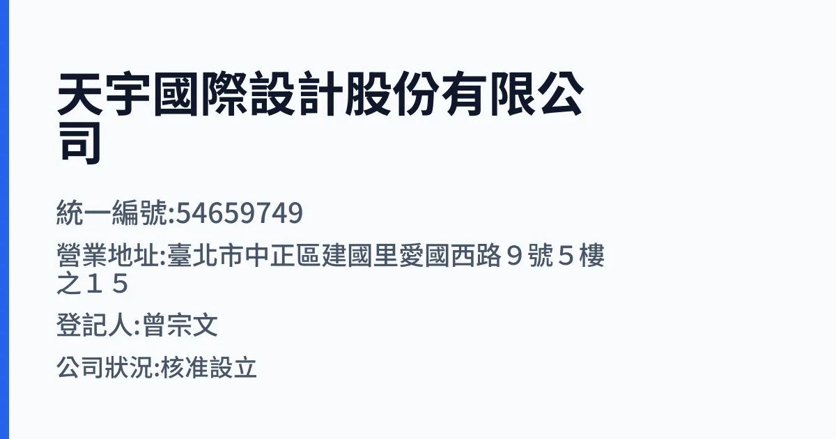 天宇國際設計股份有限公司 - 統編 54659749(臺北市) 公司登記資料與營業項目詳細圖表