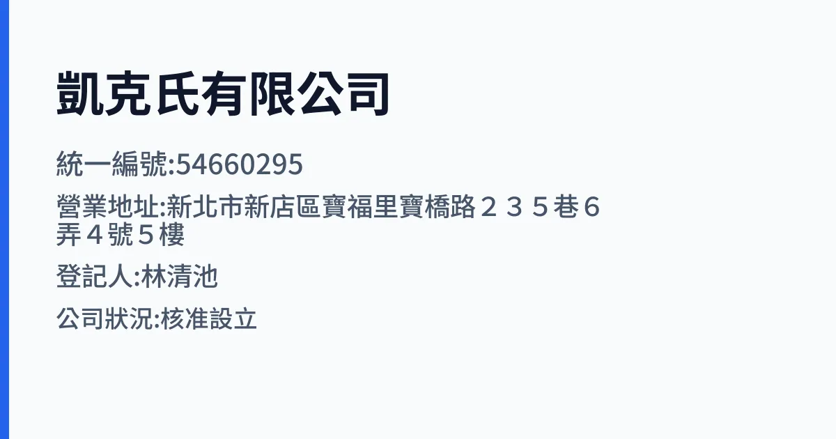凱克氏有限公司 - 統編 54660295(新北市) 公司登記資料與營業項目詳細圖表