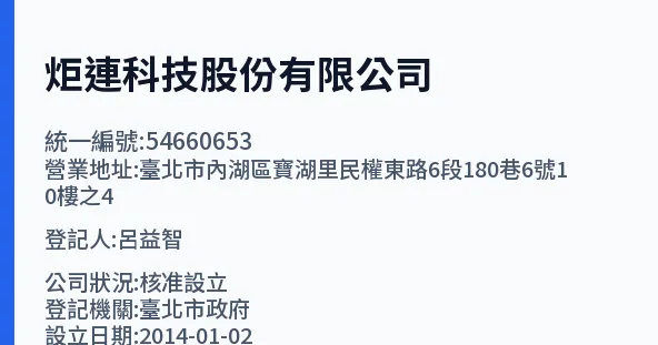 炬連科技股份有限公司的照片-統編 54660653(臺北市) 公司登記資料與營業項目詳細圖表