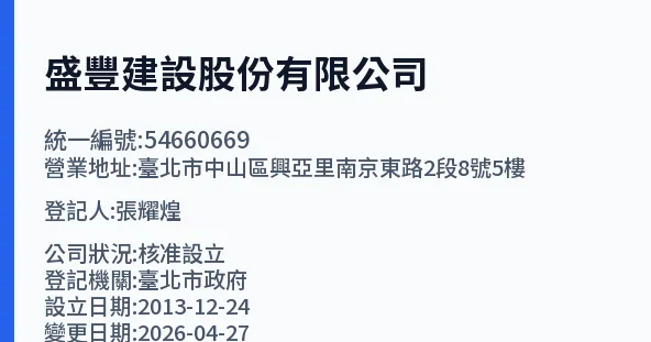 盛豐建設股份有限公司的照片-統編 54660669(臺北市) 公司登記資料與營業項目詳細圖表