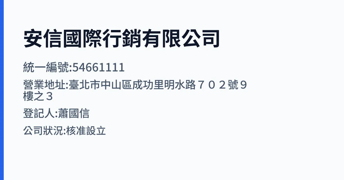 安信國際行銷有限公司 - 統編 54661111(臺北市) 公司登記資料與營業項目詳細圖表