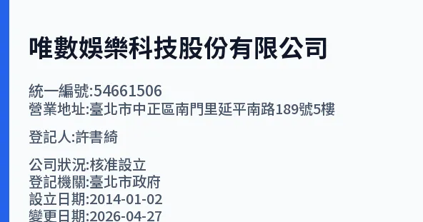 唯數娛樂科技股份有限公司的照片-統編 54661506(臺北市) 公司登記資料與營業項目詳細圖表