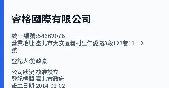 睿格國際有限公司的照片-統編 54662076(臺北市) 公司登記資料與營業項目詳細圖表