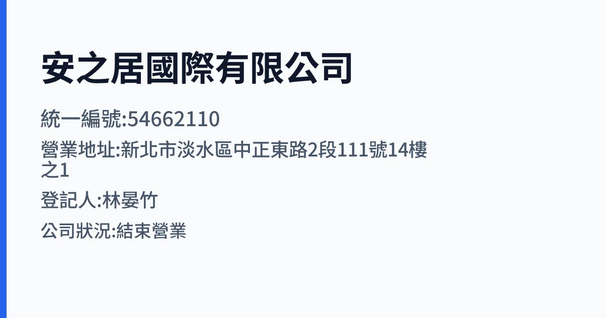 安之居國際有限公司 - 統編 54662110(新北市) 公司登記資料與營業項目詳細圖表
