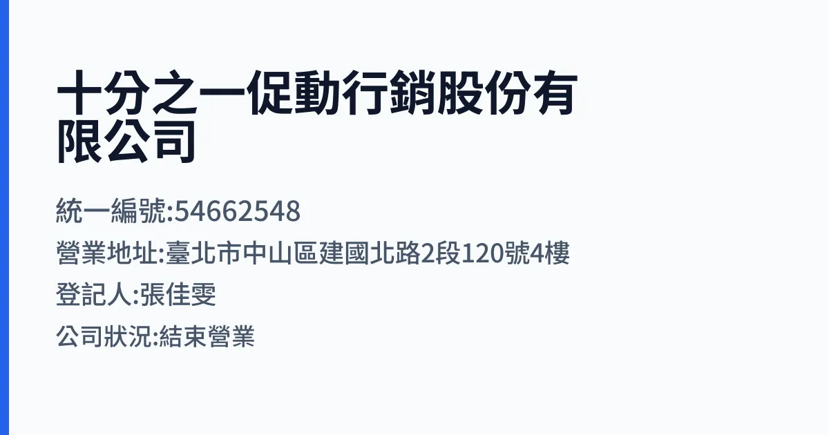 十分之一促動行銷股份有限公司 - 統編 54662548(臺北市) 公司登記資料與營業項目詳細圖表