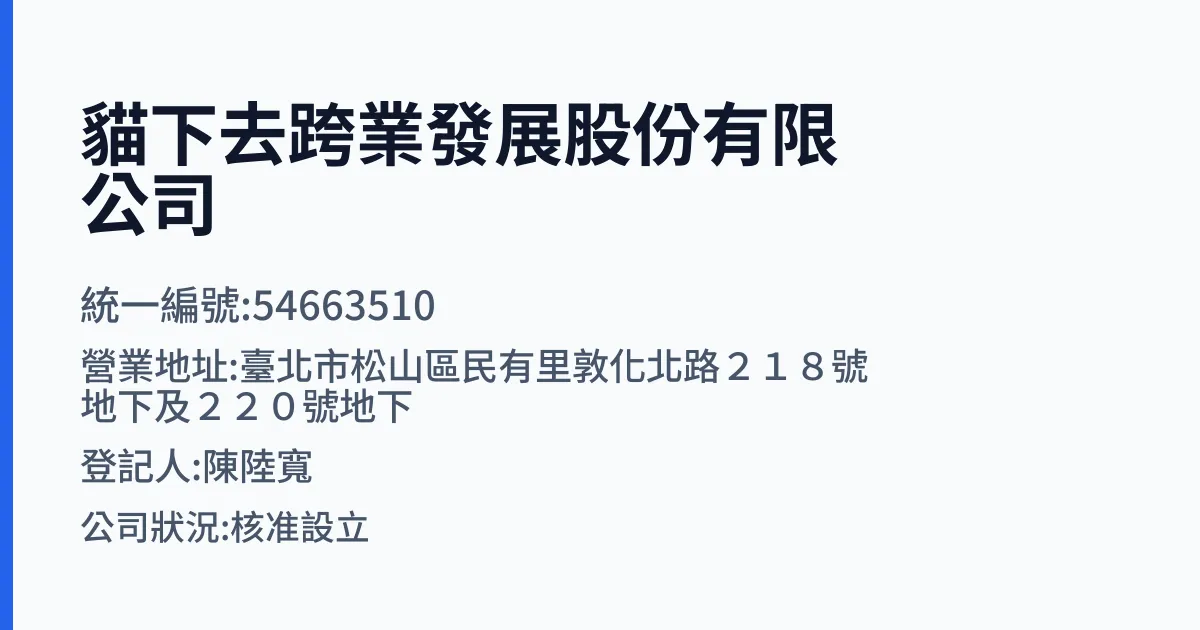 貓下去跨業發展股份有限公司 - 統編 54663510(臺北市) 公司登記資料與營業項目詳細圖表