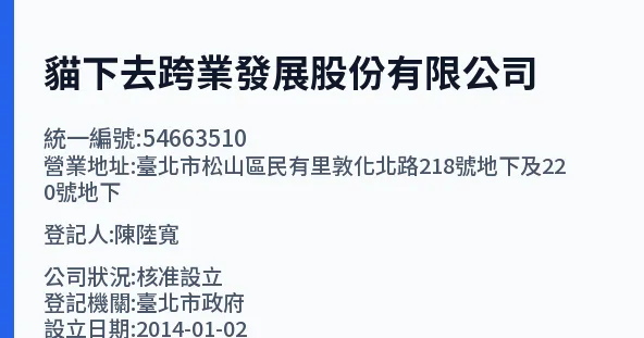貓下去跨業發展股份有限公司的照片-統編 54663510(臺北市) 公司登記資料與營業項目詳細圖表