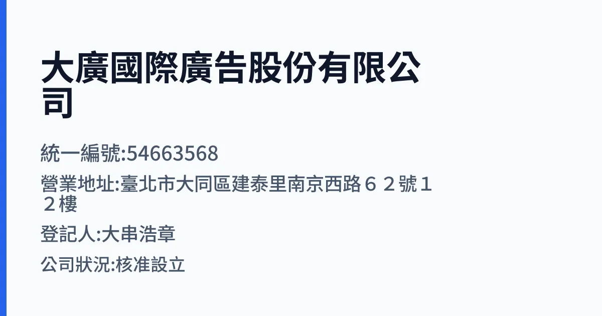 大廣國際廣告股份有限公司 - 統編 54663568(臺北市) 公司登記資料與營業項目詳細圖表