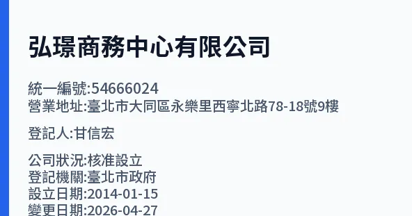 弘璟商務中心有限公司的照片-統編 54666024(臺北市) 公司登記資料與營業項目詳細圖表