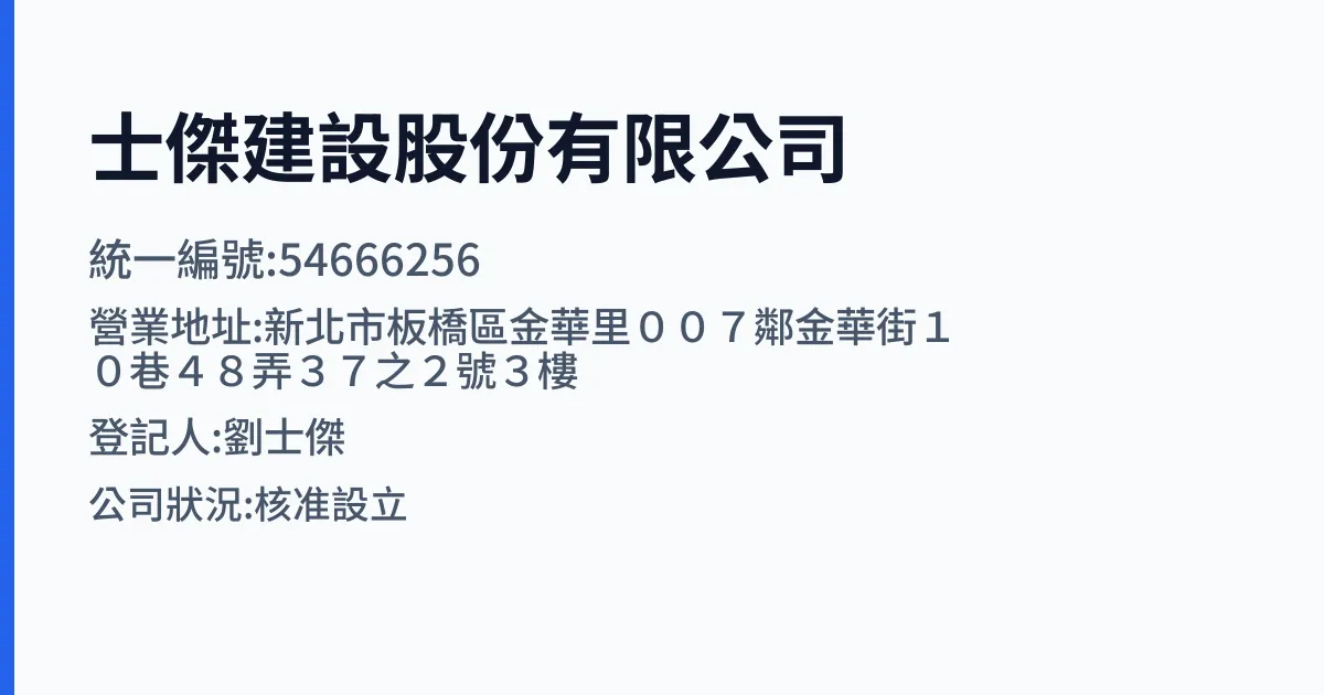 士傑建設股份有限公司 - 統編 54666256(新北市) 公司登記資料與營業項目詳細圖表