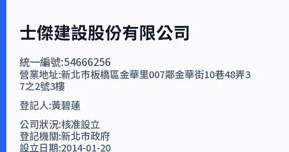 士傑建設股份有限公司的照片-統編 54666256(新北市) 公司登記資料與營業項目詳細圖表
