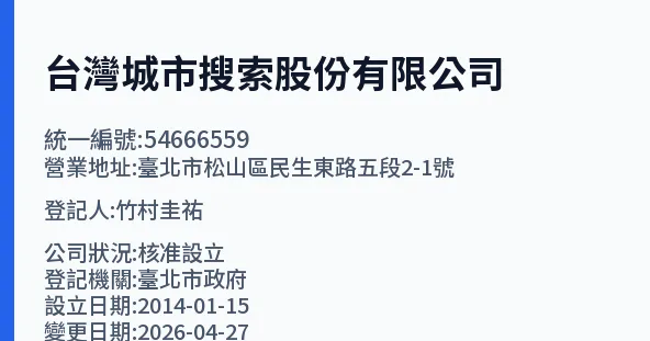 台灣城市搜索股份有限公司的照片-統編 54666559(臺北市) 公司登記資料與營業項目詳細圖表