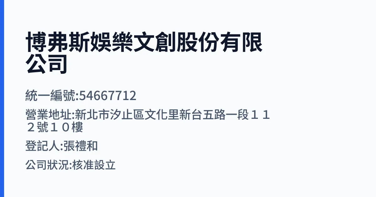 博弗斯娛樂文創股份有限公司 - 統編 54667712(新北市) 公司登記資料與營業項目詳細圖表