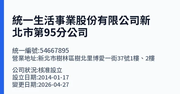 統一生活事業股份有限公司新北市第95分公司的照片-統編 54667895(新北市) 公司登記資料與營業項目詳細圖表