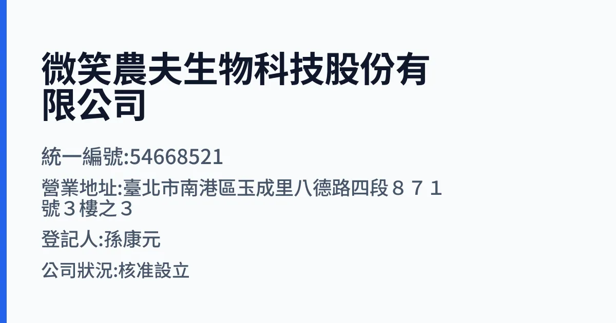 微笑農夫生物科技股份有限公司 - 統編 54668521(臺北市) 公司登記資料與營業項目詳細圖表
