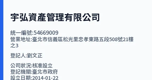 宇弘資產管理有限公司的照片-統編 54669009(臺北市) 公司登記資料與營業項目詳細圖表