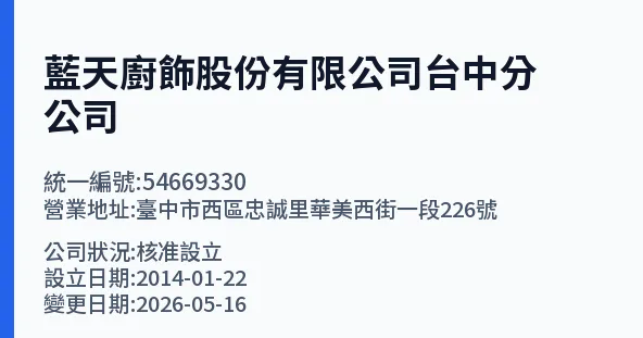藍天廚飾股份有限公司台中分公司的照片-統編 54669330(臺中市) 公司登記資料與營業項目詳細圖表