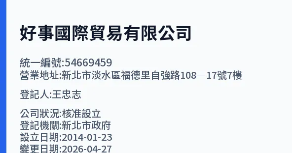 好事國際貿易有限公司的照片-統編 54669459(新北市) 公司登記資料與營業項目詳細圖表