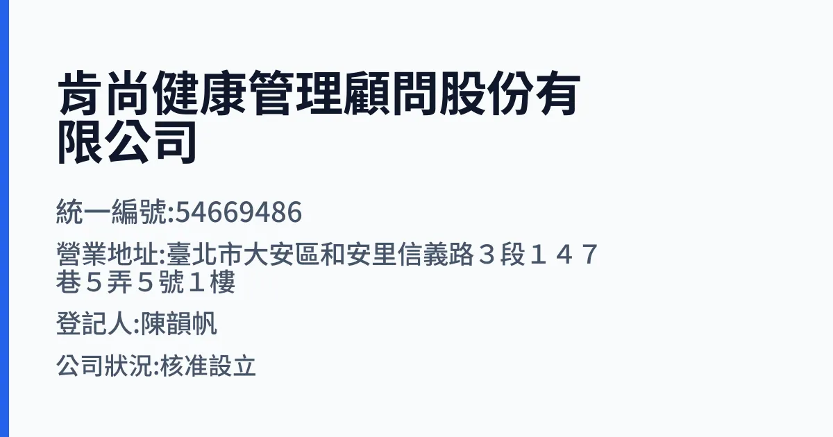 肯尚健康管理顧問股份有限公司 - 統編 54669486(臺北市) 公司登記資料與營業項目詳細圖表