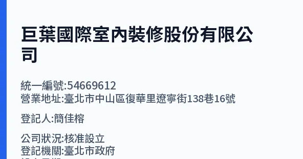巨葉國際室內裝修股份有限公司的照片-統編 54669612(臺北市) 公司登記資料與營業項目詳細圖表