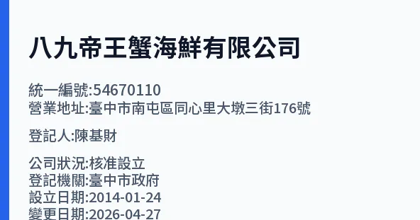 八九帝王蟹海鮮有限公司的照片-統編 54670110(臺中市) 公司登記資料與營業項目詳細圖表