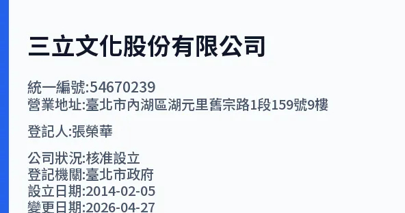三立文化股份有限公司的照片-統編 54670239(臺北市) 公司登記資料與營業項目詳細圖表