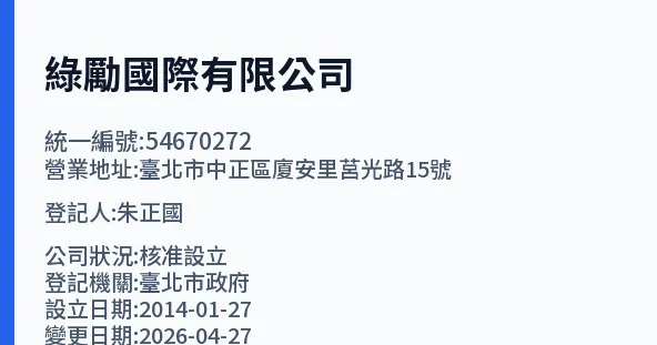 綠勵國際有限公司的照片-統編 54670272(臺北市) 公司登記資料與營業項目詳細圖表