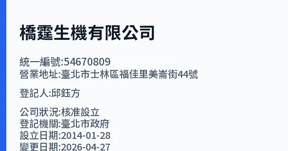 橋霆生機有限公司的照片-統編 54670809(臺北市) 公司登記資料與營業項目詳細圖表